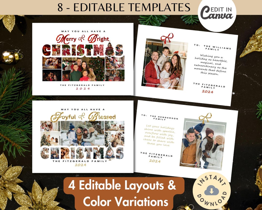 Editable Christmas Photo Collage Card TEMPLATE Custom Word Frame Boho ...