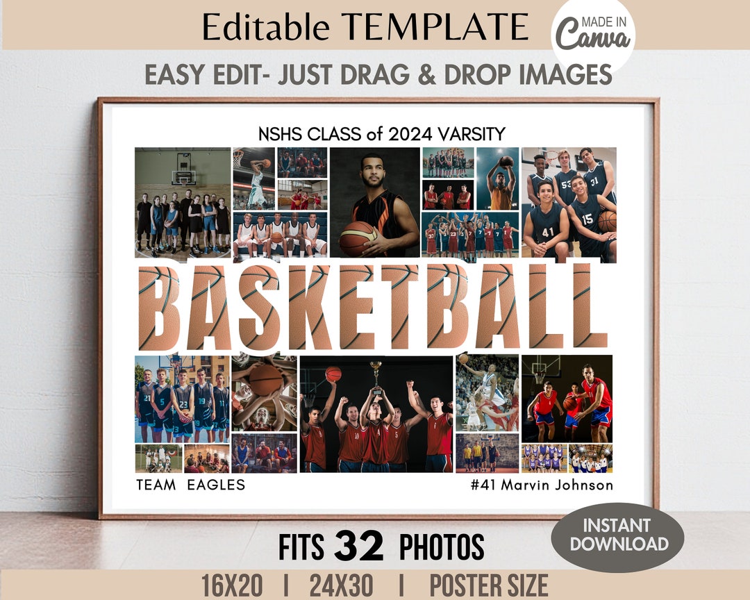 Editable 32-photo BASKETBALL Collage TEMPLATE Printable Sports Team ...