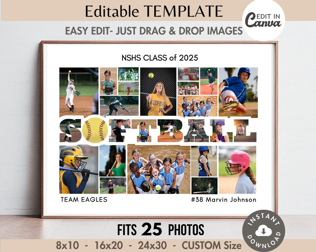 SOFTBALL Photo Collage Word Frame TEMPLATE, Customizable Sports Team ...
