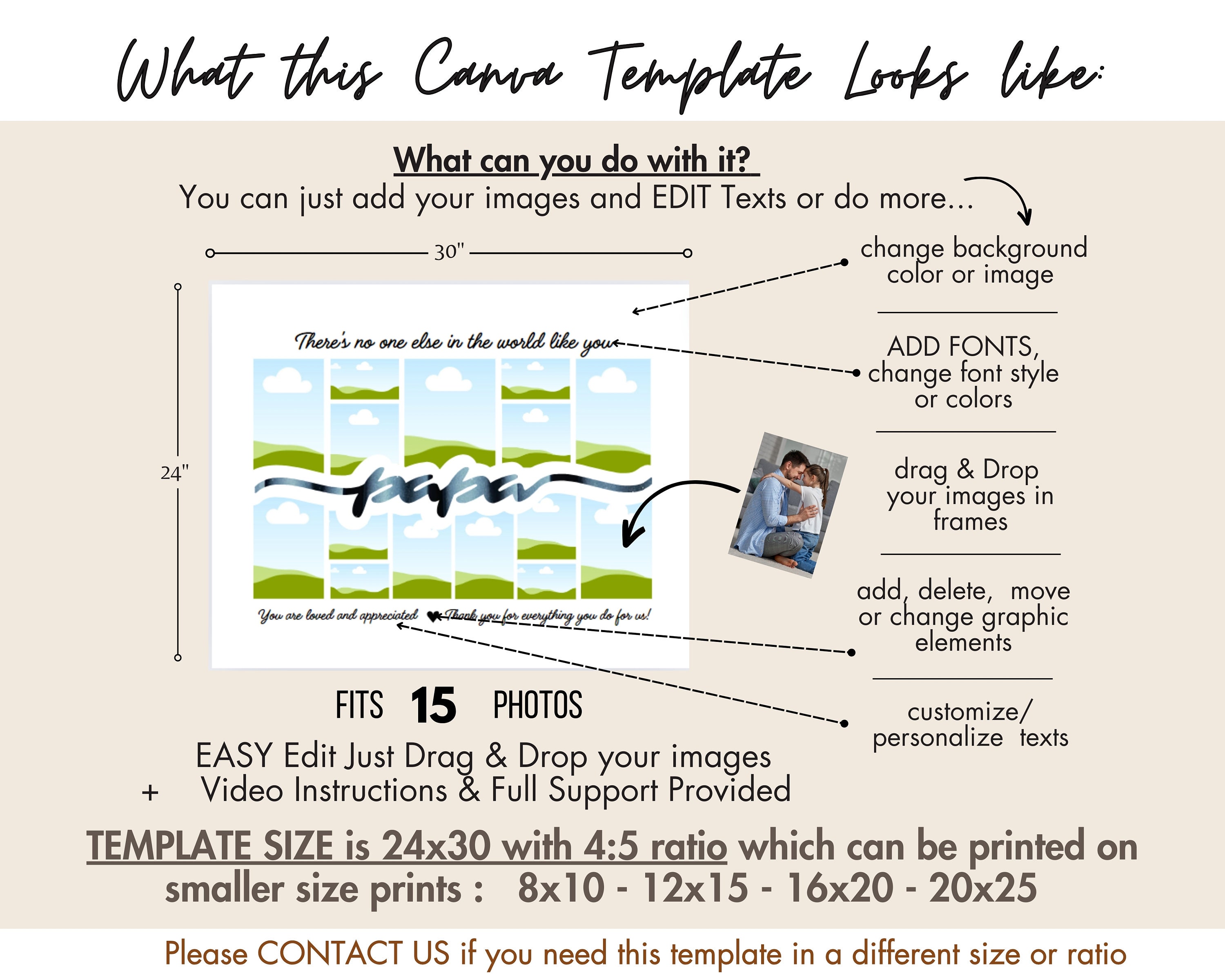 Editable 15-photo PAPA Cursive Font Collage TEMPLATE Printable Father's ...