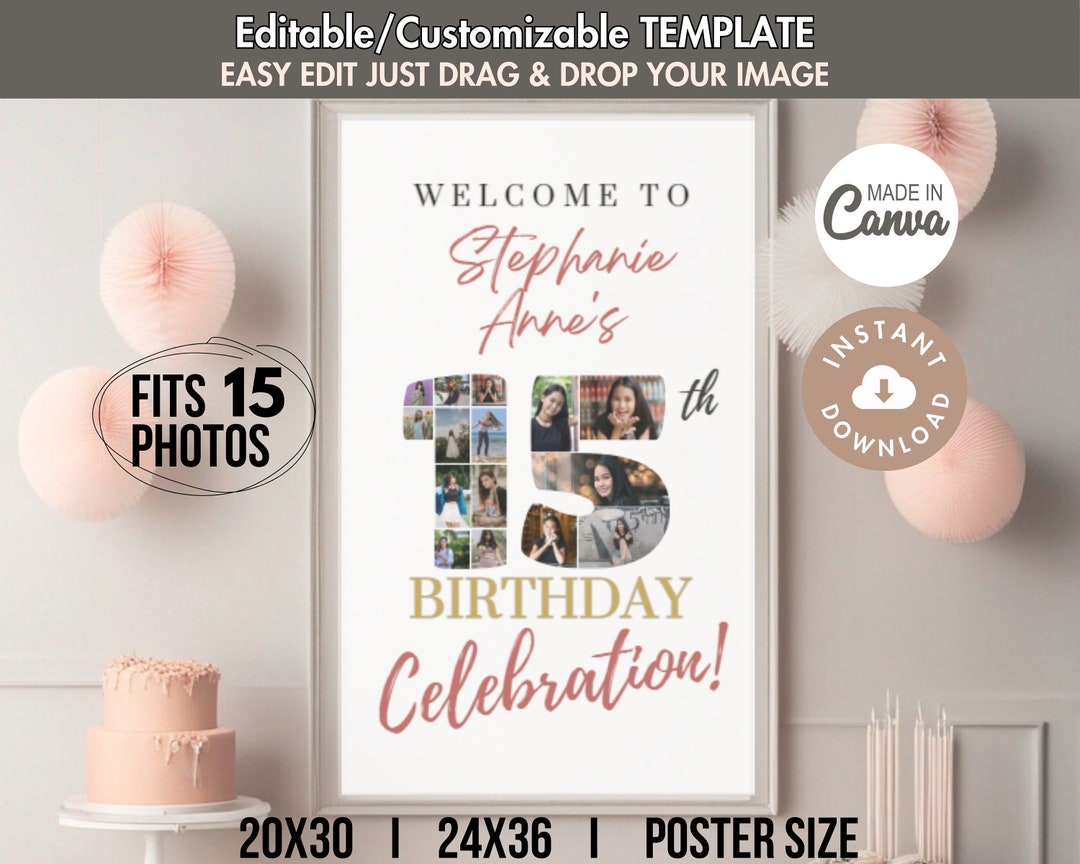 15-photo 15th Birthday Collage Pic Number Printable Party Poster ...