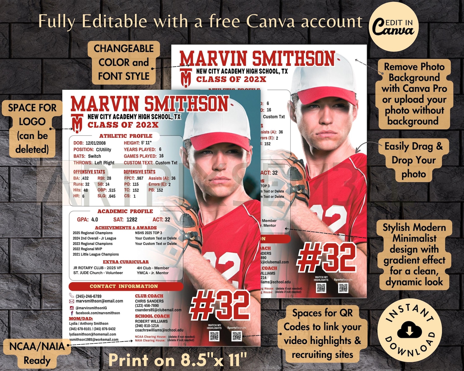 Any Sports Player Profile Sheet TEMPLATES Bundle Athlete Resume ...