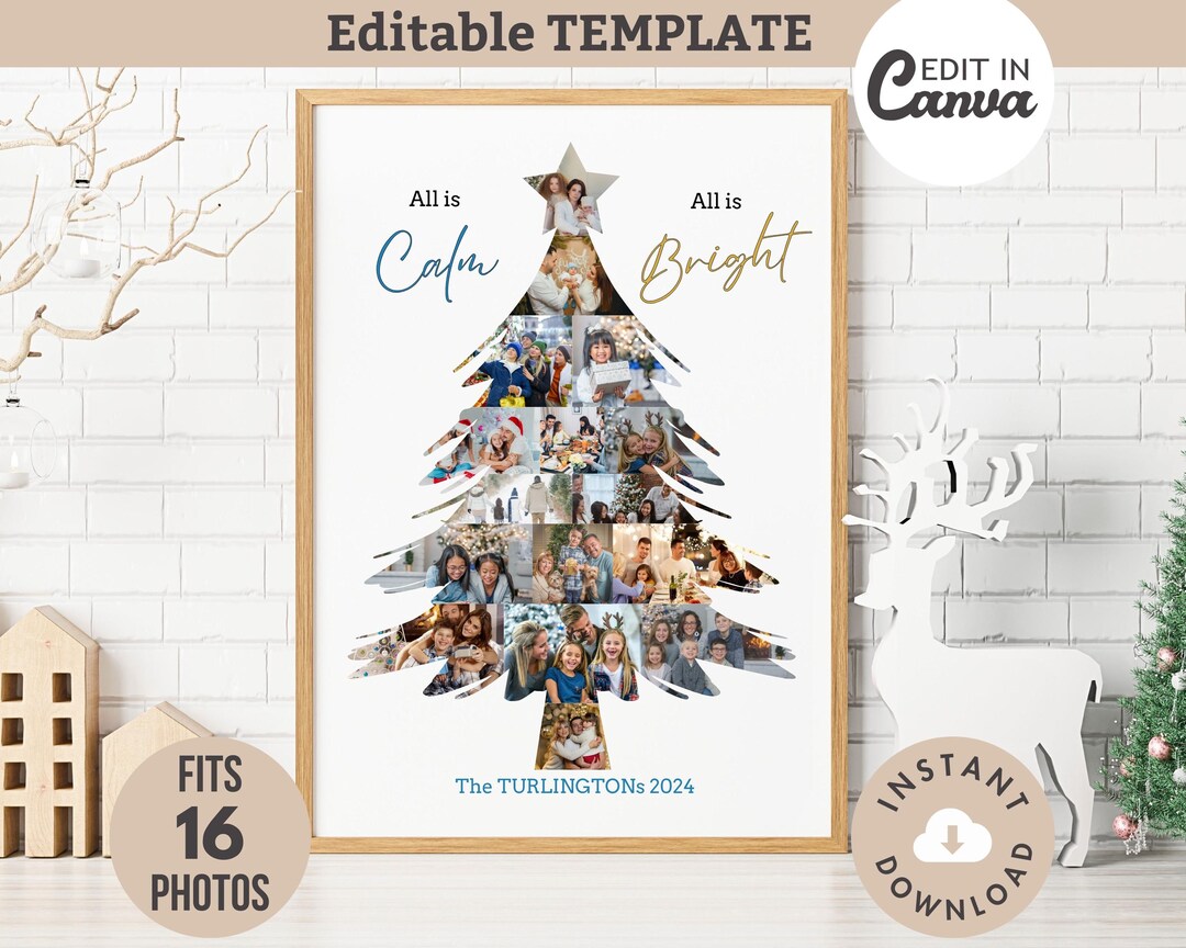 Editable Christmas TREE Shape Photo Collage Frame Canva TEMPLATE Custom ...