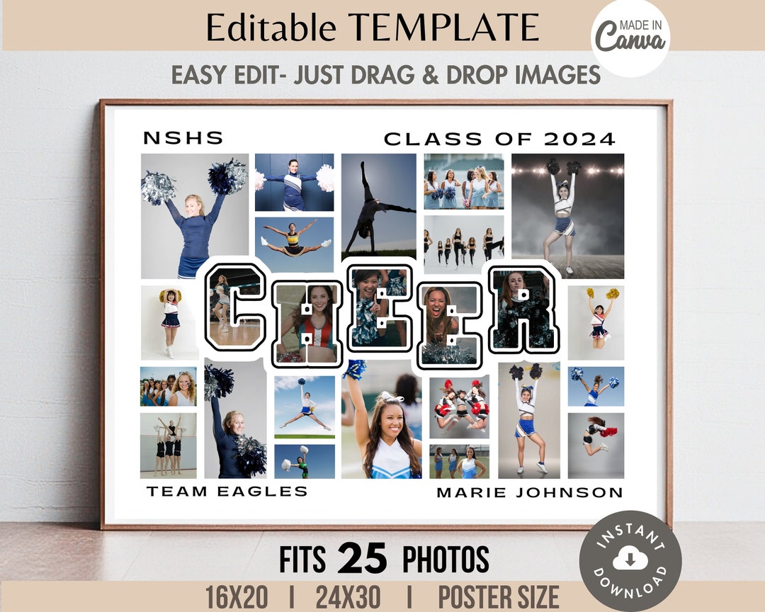 Editable 25-photo CHEER Word Collage Canva TEMPLATE Sports Team Poster ...