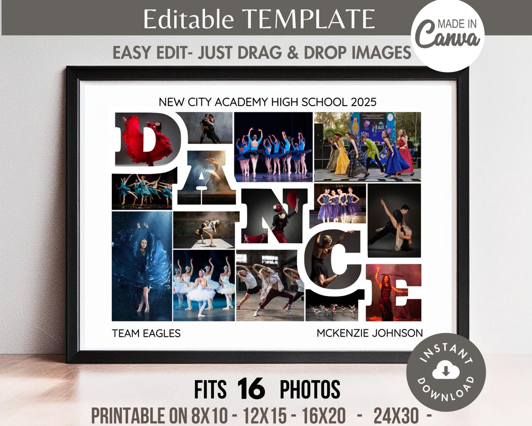Editable DANCE Word Photo Collage Frame Canva TEMPLATE Custom Dancing ...