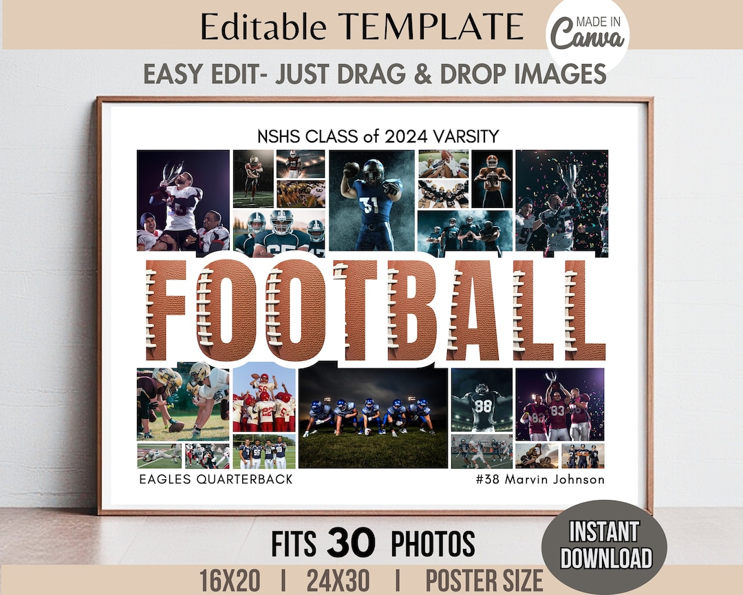 Editable 30-photo FOOTBALL Collage TEMPLATE Printable Sports Team ...