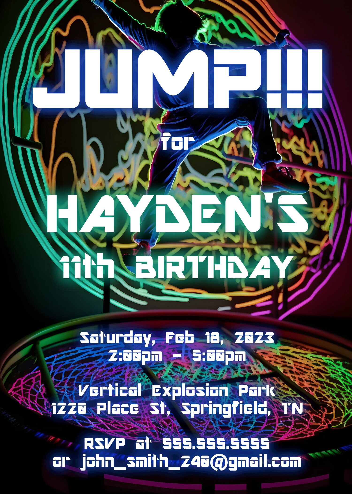 Neon Jump Birthday Party Invitation - Let's Jump Birthday Party - Glow ...