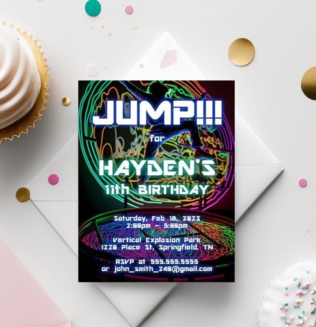 Neon Jump Birthday Party Invitation - Let's Jump Birthday Party - Glow ...