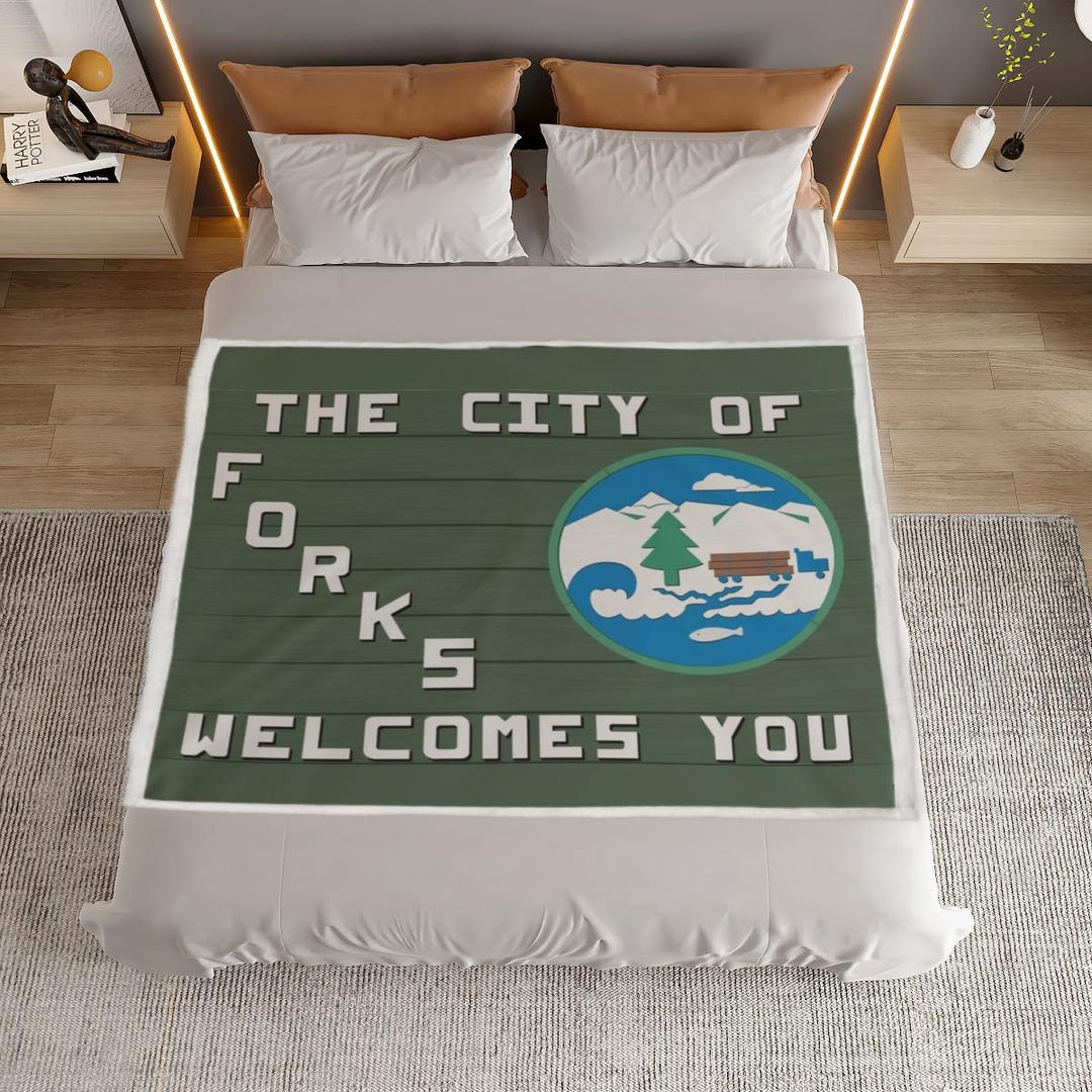 The City of Forks Welcomes You Green & White Blanket - Twilight Bed ...