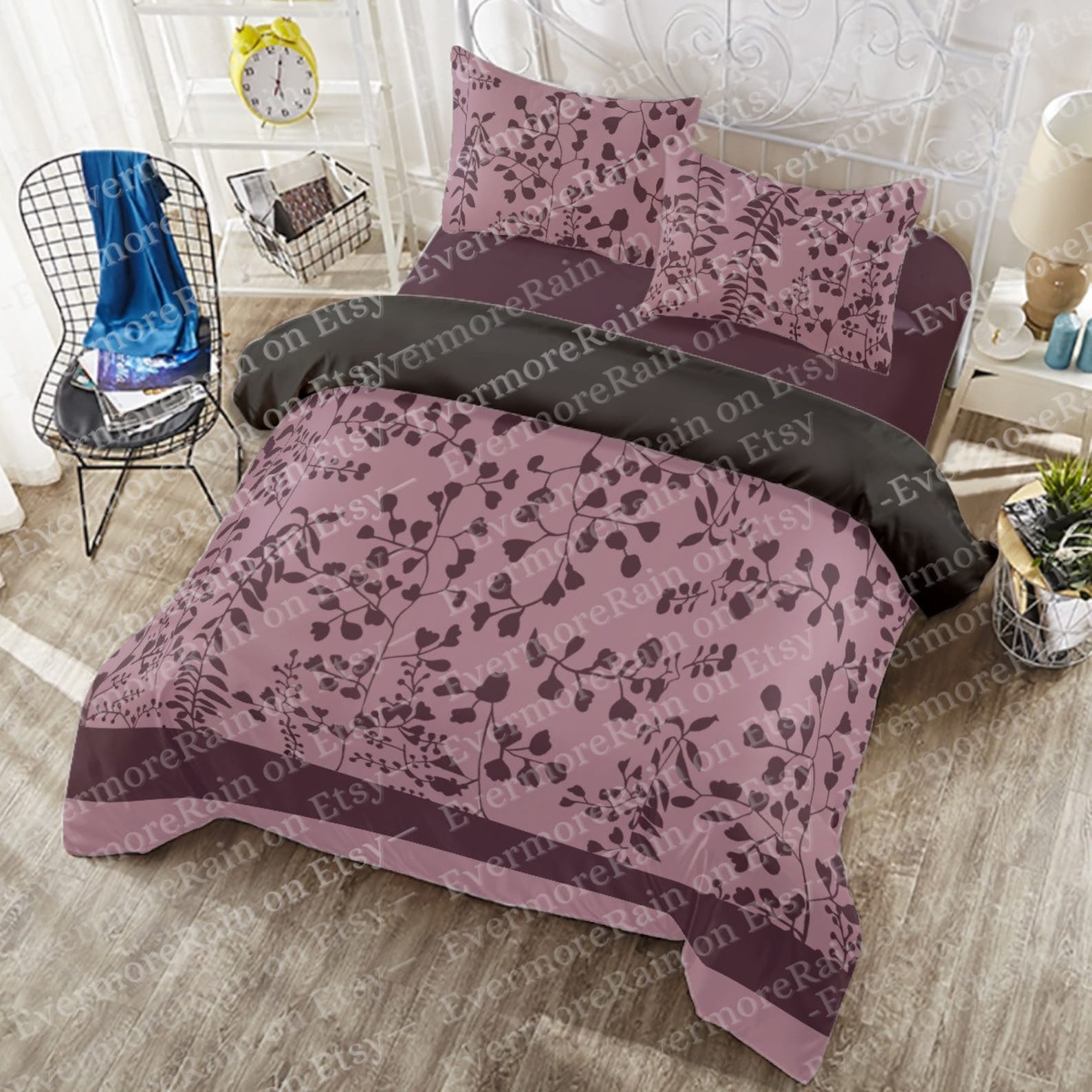 Bella's Bedding twin, Full, Queen Twilight Reddish-purple Plant Floral Four-piece Duvet COVER ...