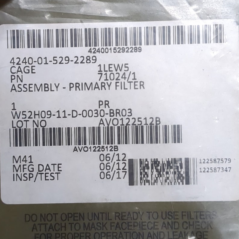 Nos Sealed Us Army Avon M50 Primary Filter Assembly 4240-01-529-2289 ...