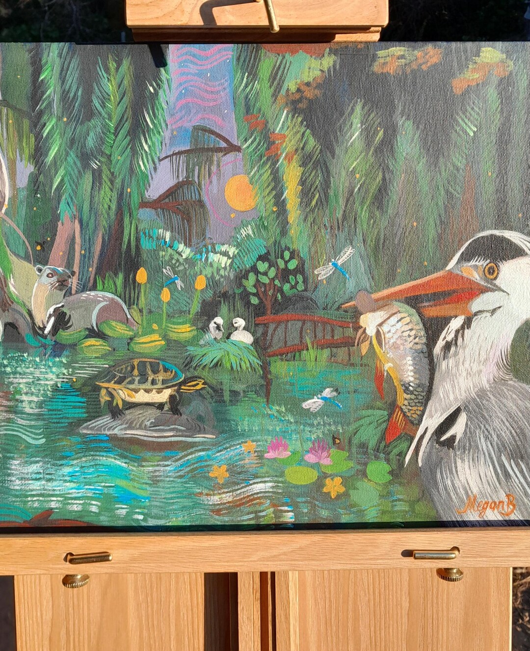 Crane Bird and Waterlilies Acrylic Painting,16"×12" Canvas Panel, Swamp ...