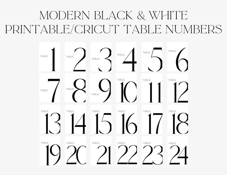 Modern Black&white Printable Table Numbers 1-24 - Etsy