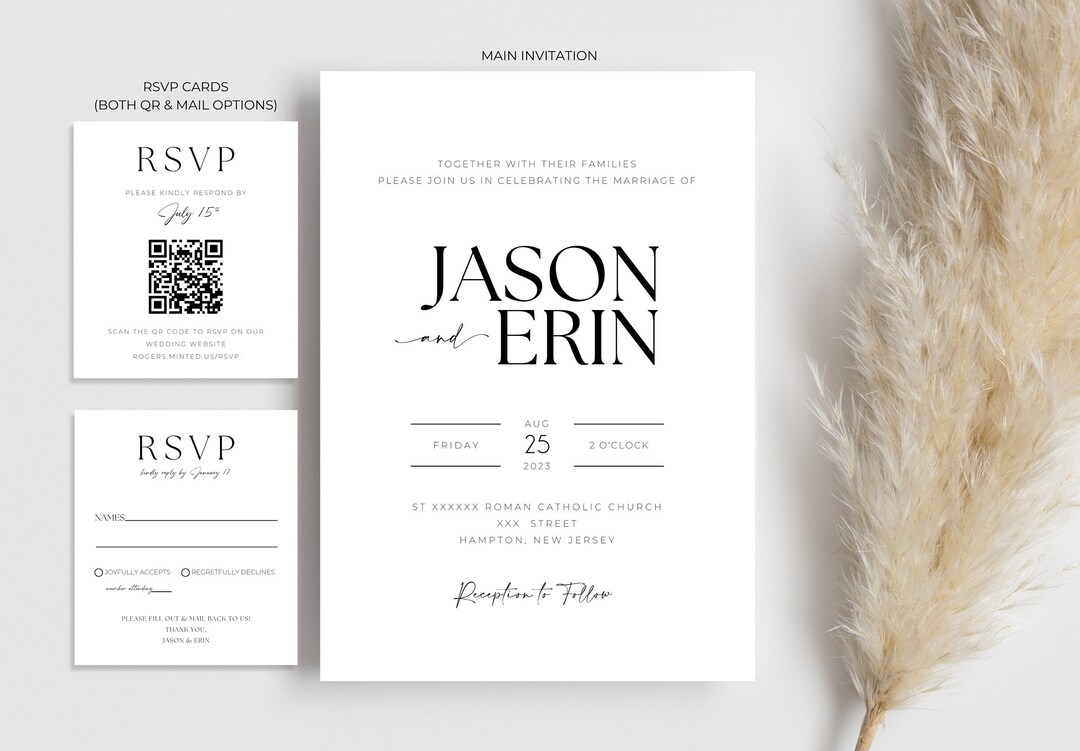 Modern Simplistic Black & White Wedding Invitation main Card and RSVP ...