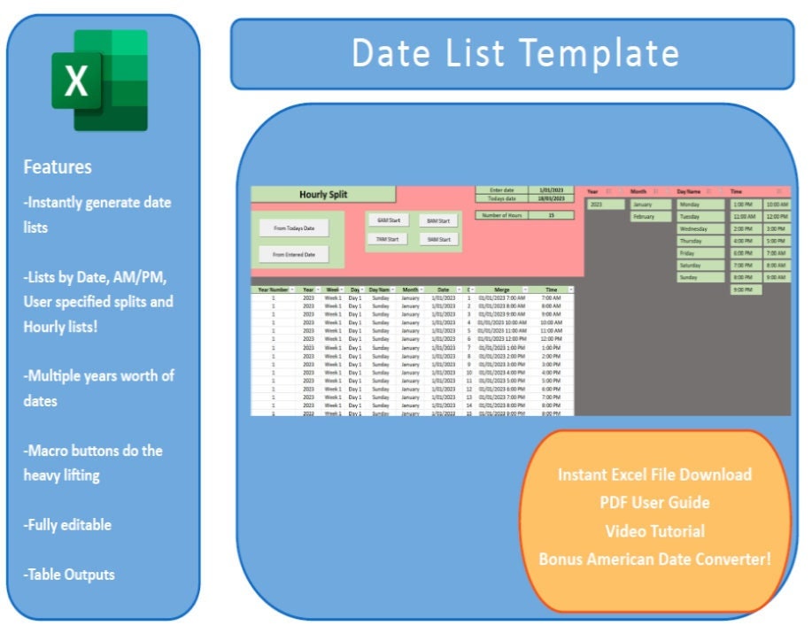 Date List Template, Excel Spreadsheet, Planner, Schedule, Plan ...