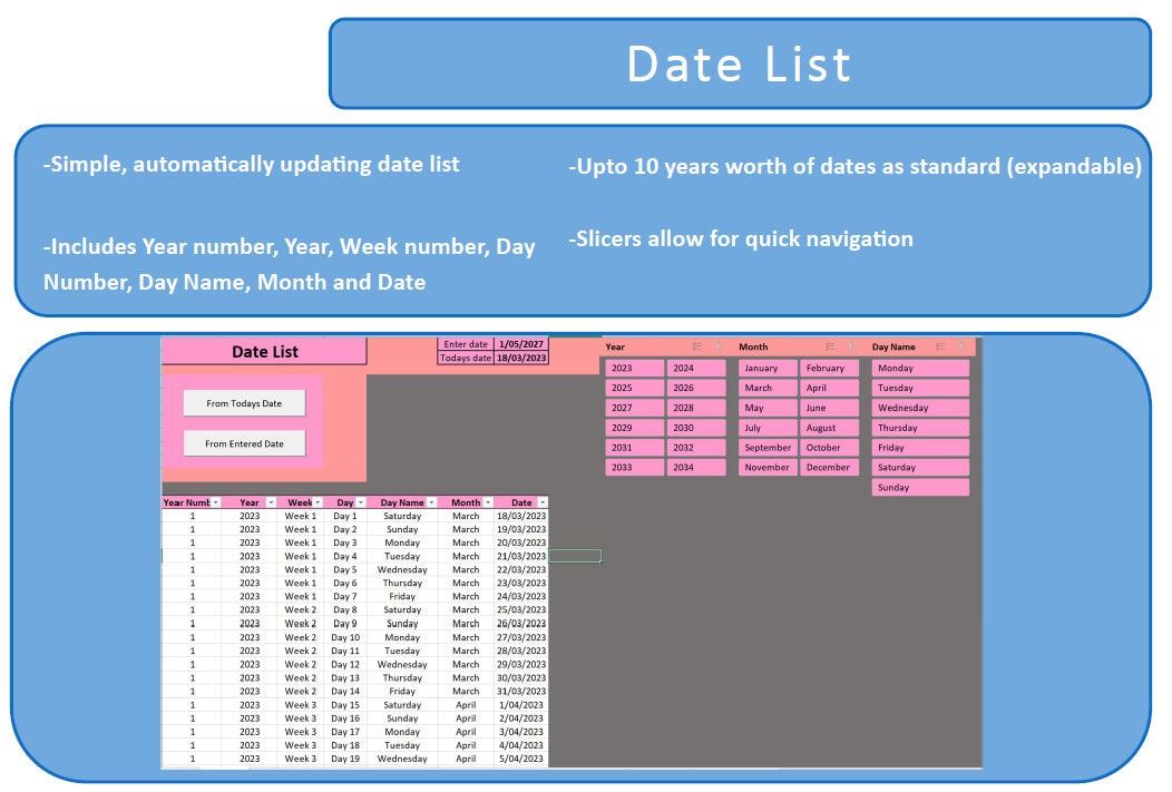 Date List Template, Excel Spreadsheet, Planner, Schedule, Plan ...