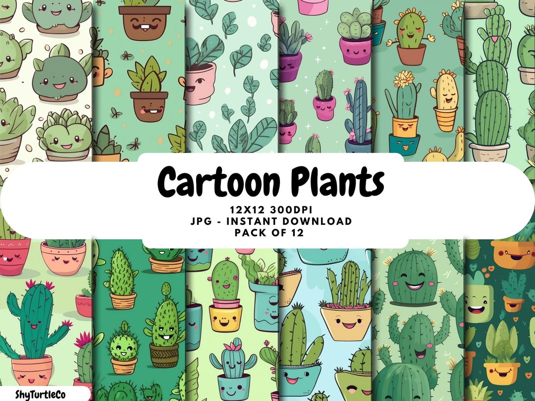 CARTOON PLANTS Digital Paper Jpg | Seamless Cartoon Plants Pattern ...