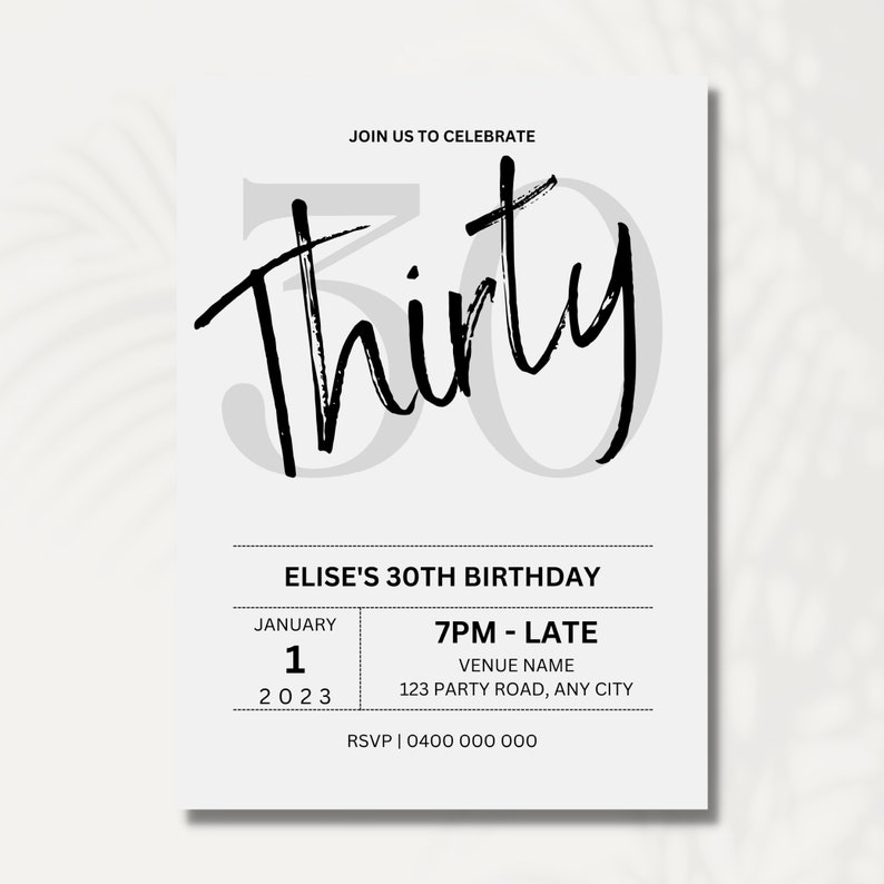 Editable 30th Birthday Party Invitation Digital Customisable Design