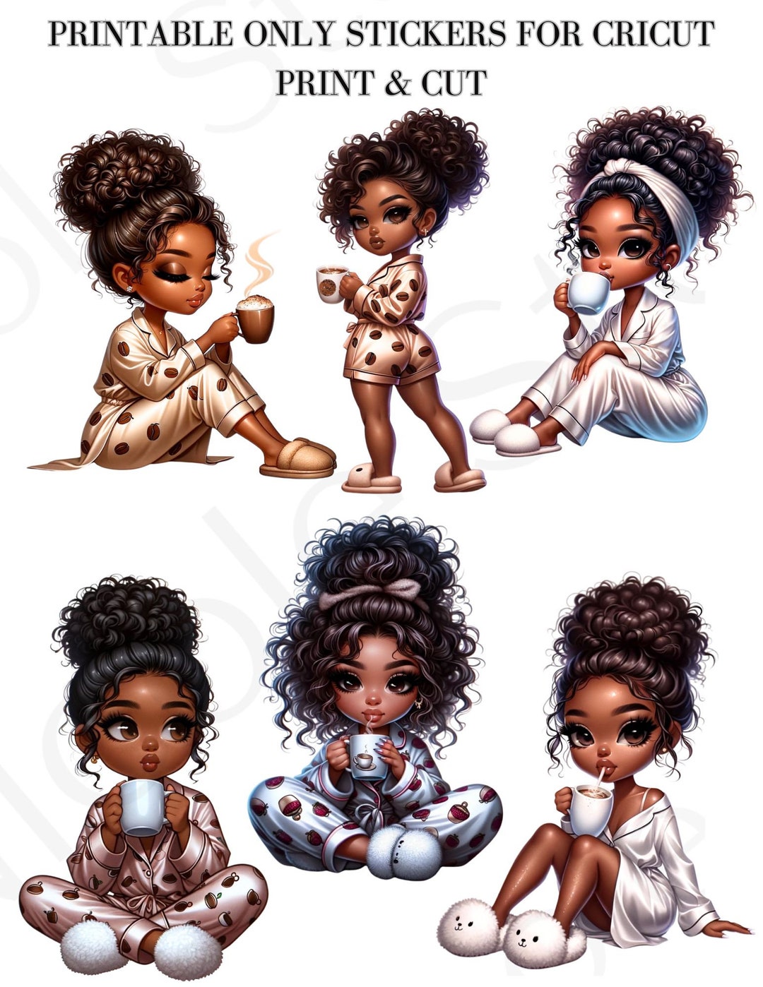 Printable Stickers Black Girl Cozy Chibi Girl With Coffee Print and Cut ...