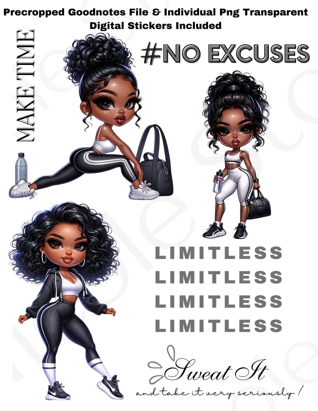 Black Girl Chibi Motivational Fitness Digital Stickers| Gym| Precropped ...