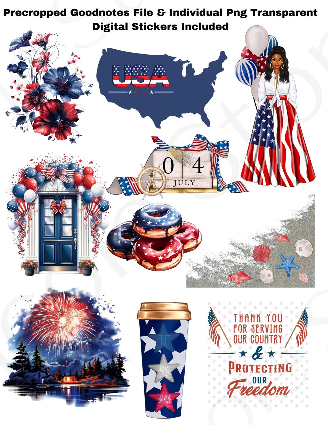 4th of July Digital Stickers| Precropped Goodnotes| Png Individual ...