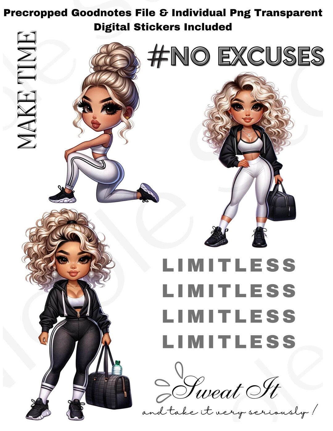 Latina Chibi Motivational Fitness Digital Stickers| Gym| Precropped ...