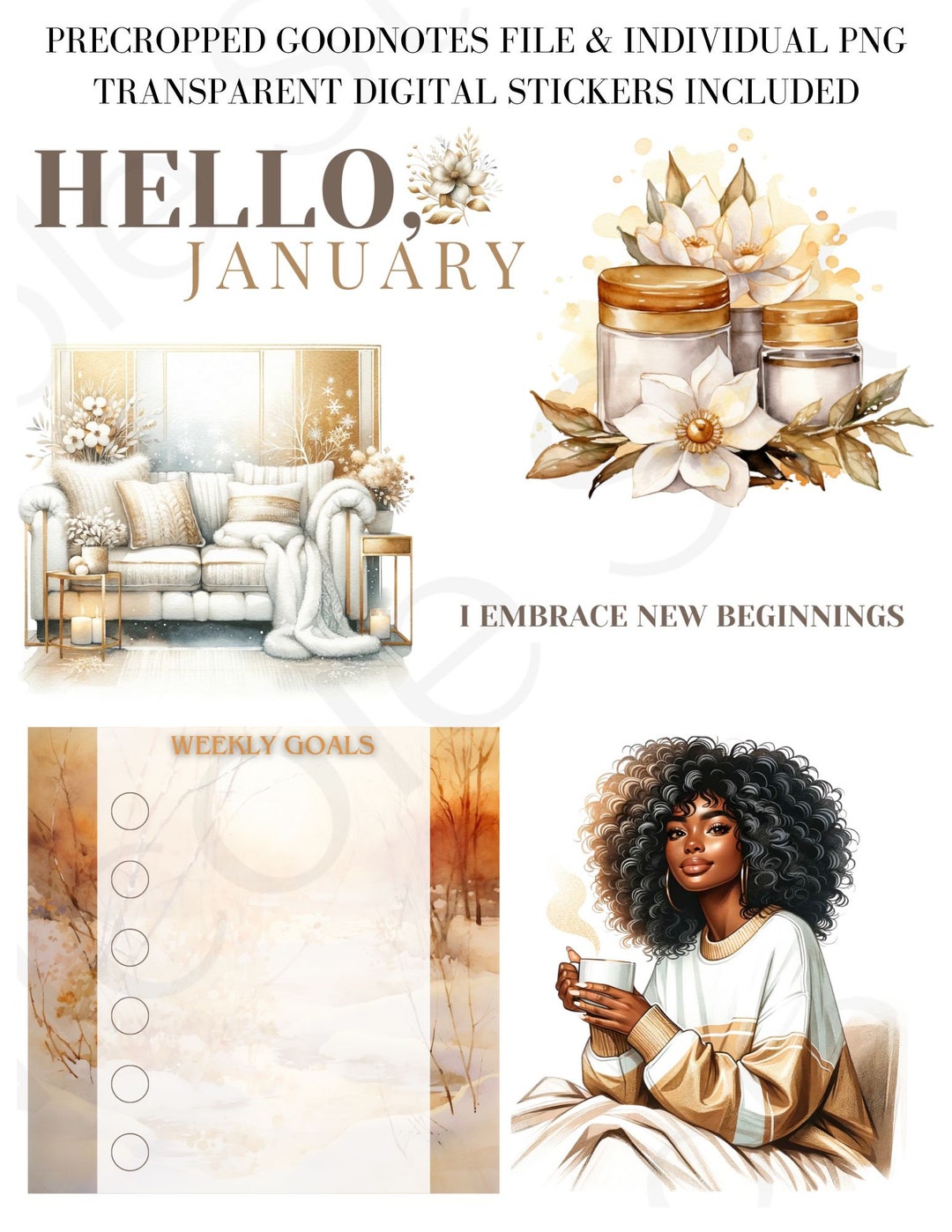 January Digital Stickers Gold White Pastel Cozy Stickers Digital ...