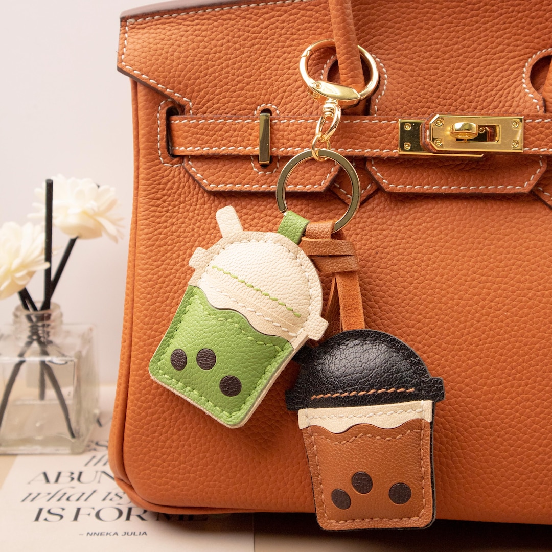 Leather BOBA Bag Charm, Leather Bag Charm, Matcha Tea Leather Handbag ...