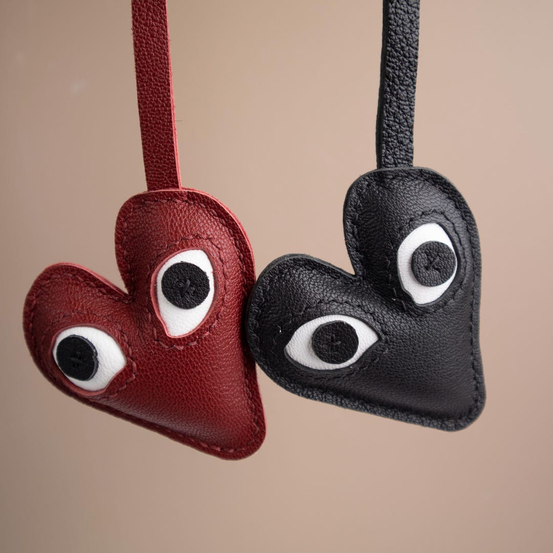 Leather Heart Bag Charm, Handmade Heart With Eyes Charm, Cute Heart ...