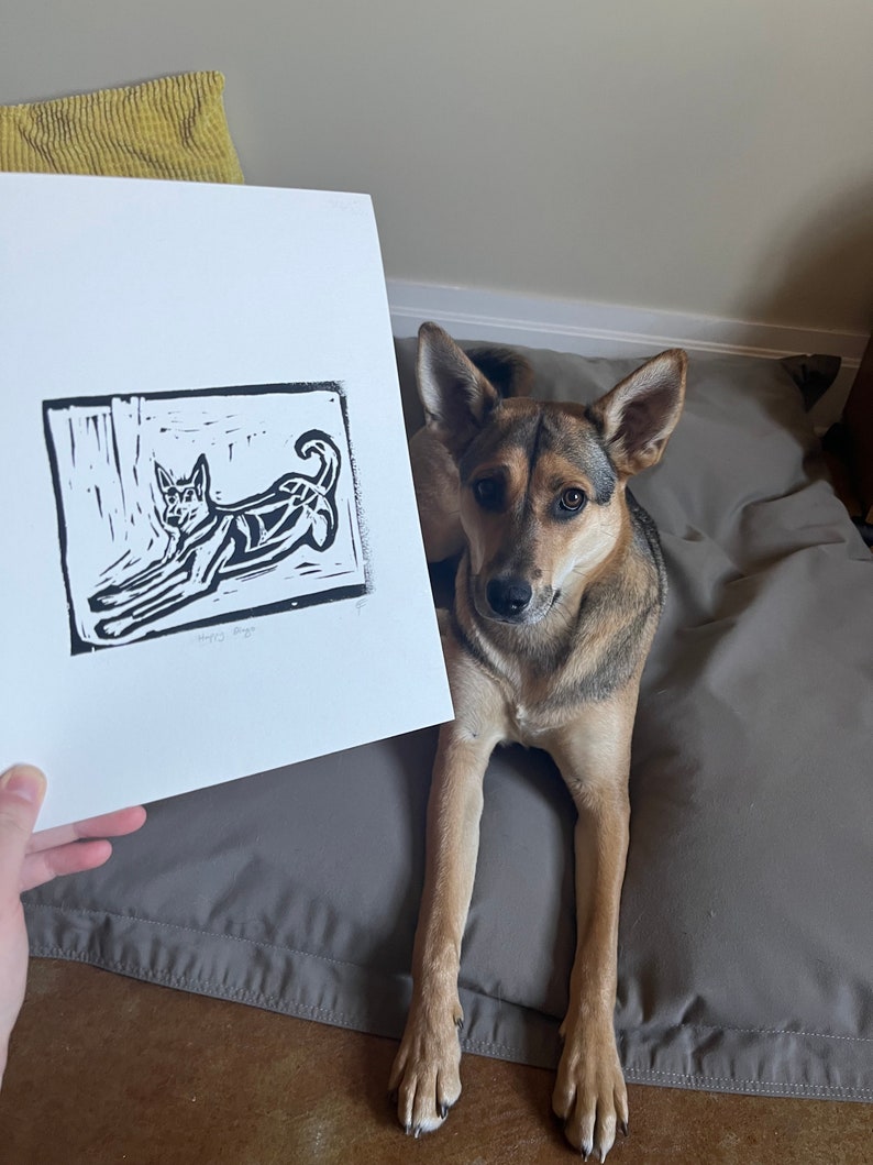 Happy Dingo - Modern Fun Linocut Print of Ember, a Dog With a Curly ...