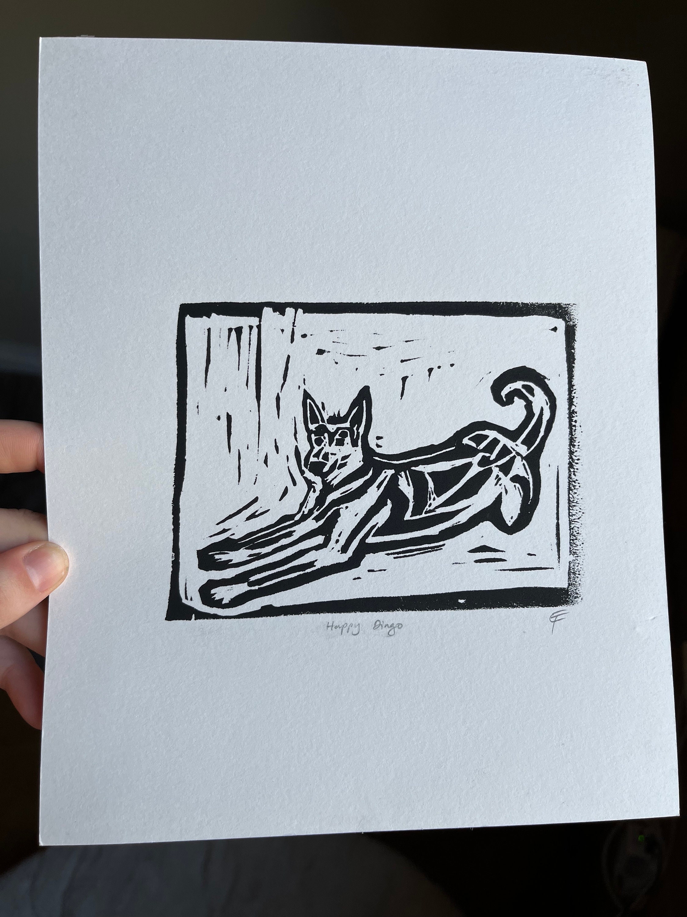 Happy Dingo - Modern Fun Linocut Print of Ember, a Dog With a Curly ...