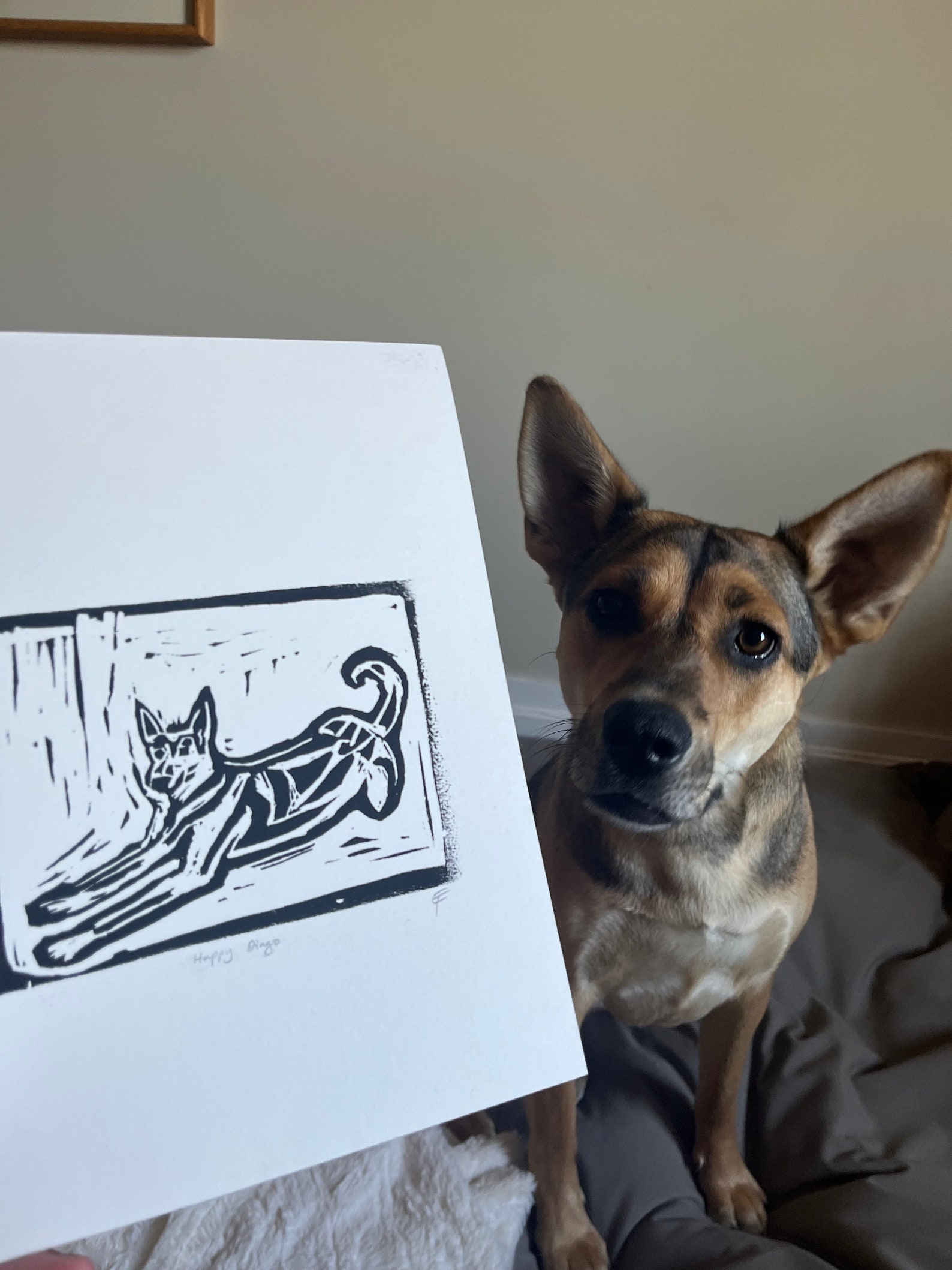 Happy Dingo - Modern Fun Linocut Print of Ember, a Dog With a Curly ...