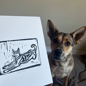 Happy Dingo - Modern Fun Linocut Print of Ember, a Dog With a Curly ...