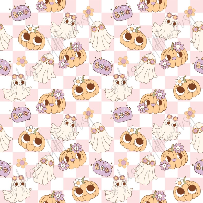 Pink Checkered Groovy Halloween Seamless Pattern, Seamless Pattern for ...