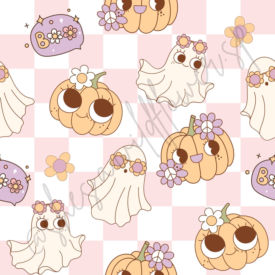 Pink Checkered Groovy Halloween Seamless Pattern, Seamless Pattern for ...