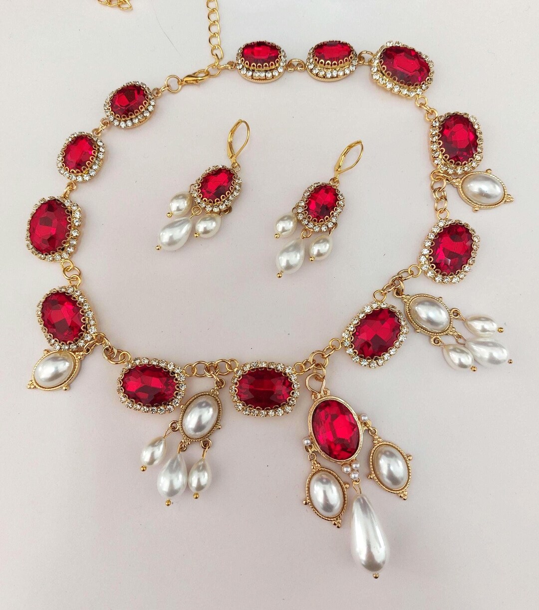 Ruby Red Jewelry Set 18th Century Girandole Necklace & Earrings Baroque ...
