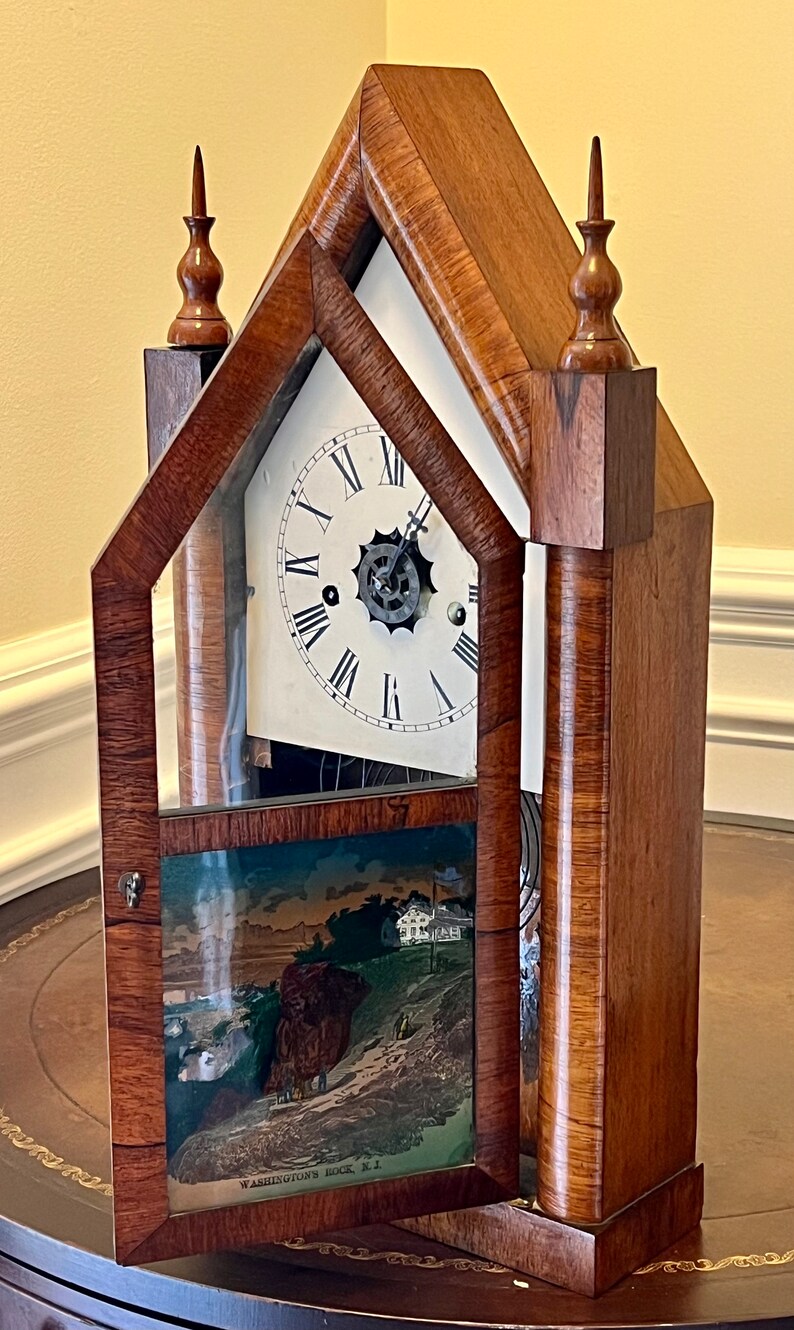 Antique Waterbury Steeple Clock With Reverse Painted Image of ...