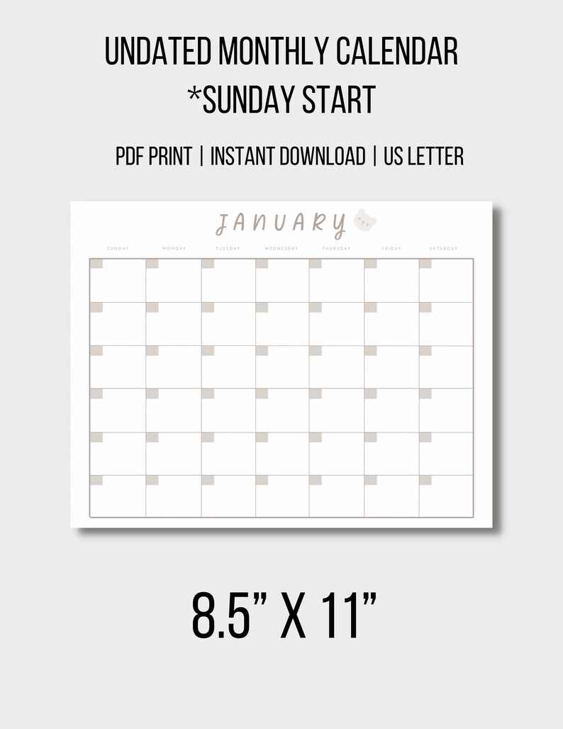 Printable Monthly Calendar Sunday Start Monthly Calendar - Etsy