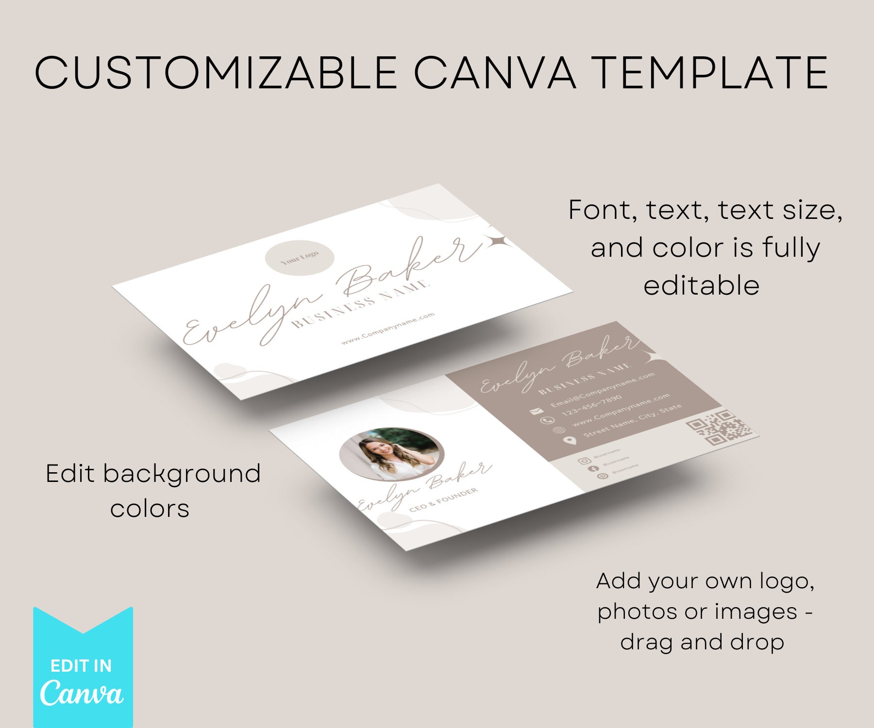 Printable Business Card Template, Business Card QR Code, Instant ...