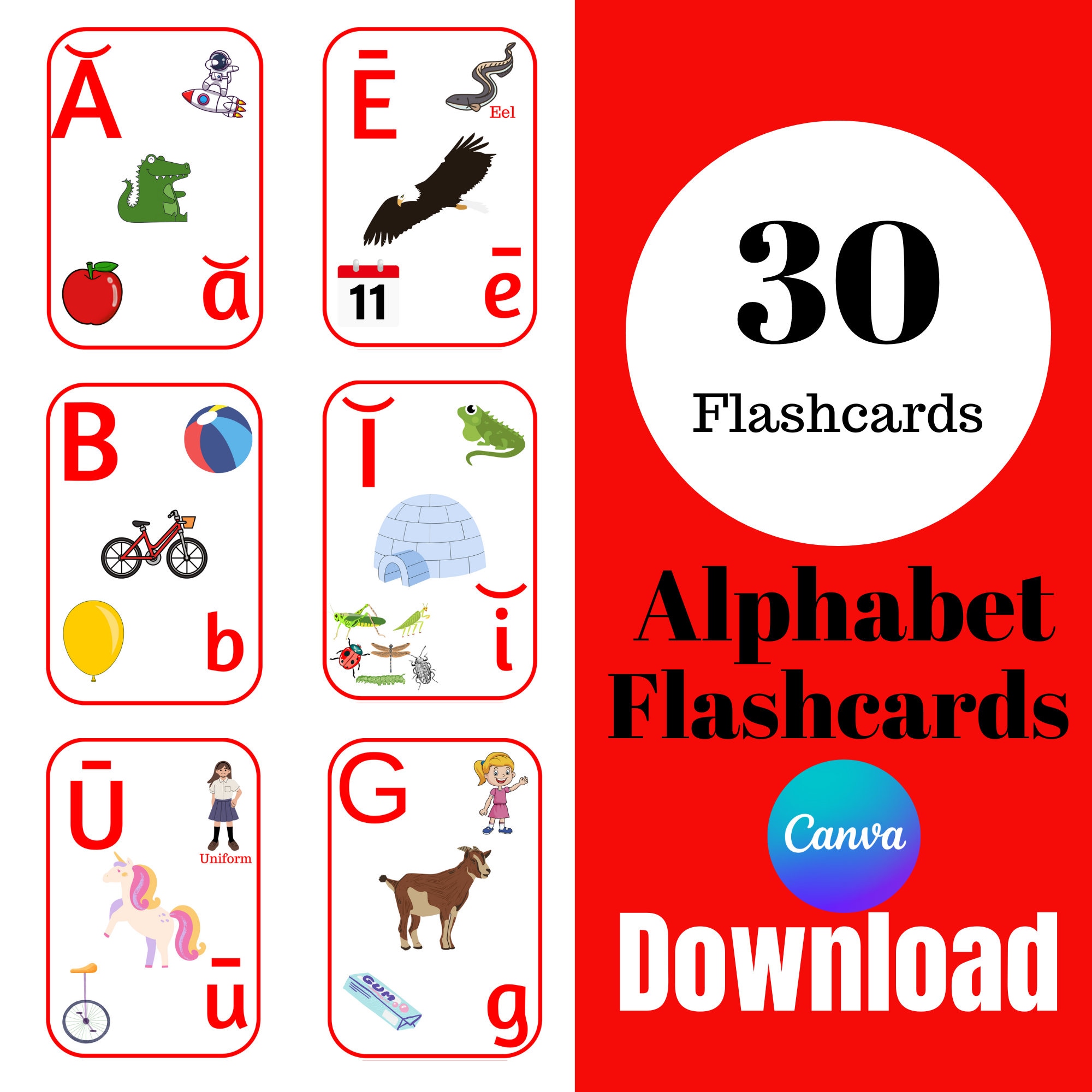 Alphabet Flashcards | Short and Long Vowels Flash Cards - Etsy