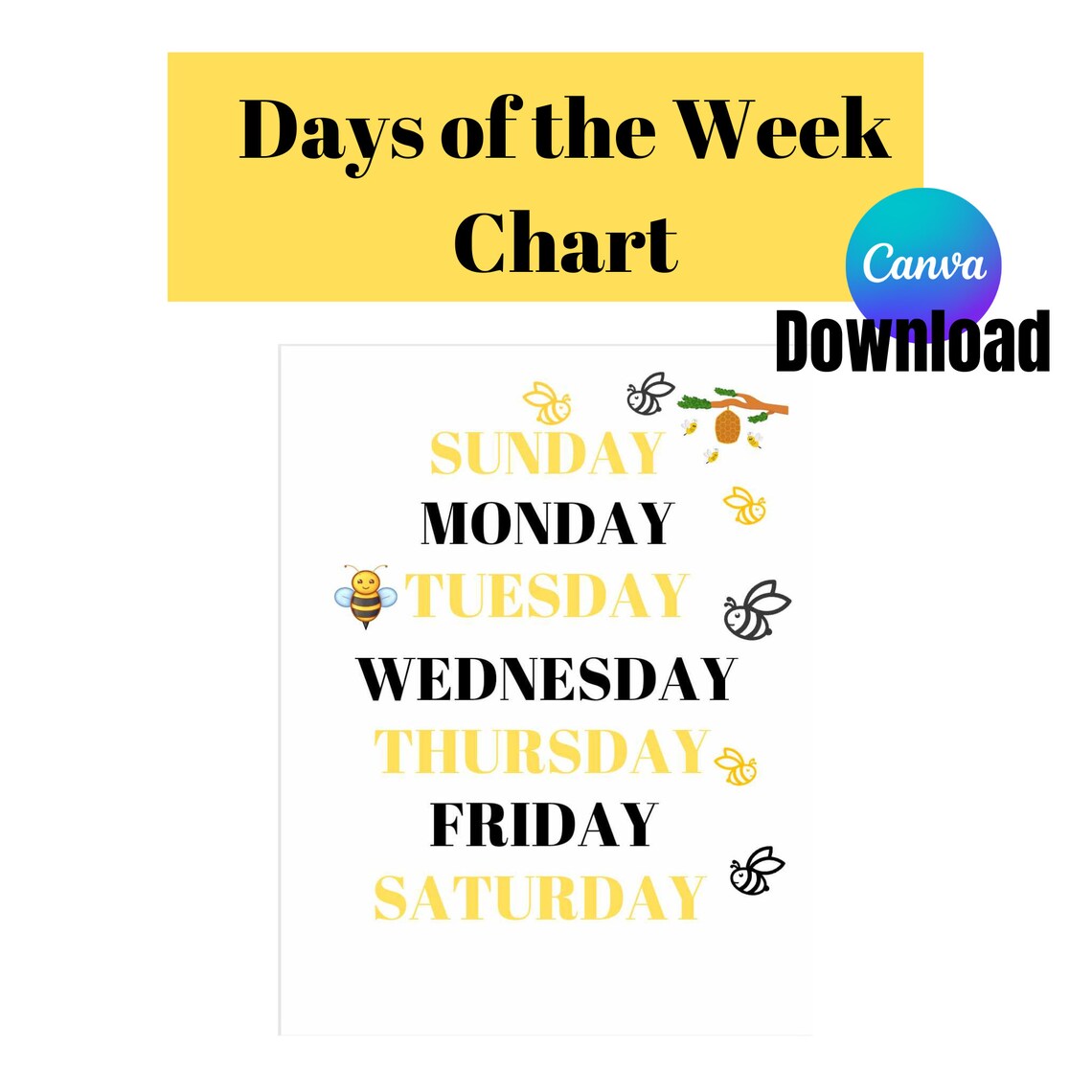 Bee Days of the Week Chart | Canva Download - Etsy