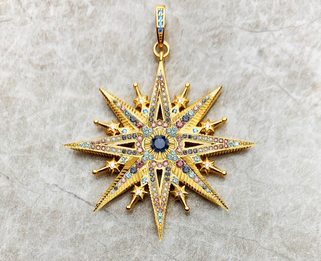 925 Sterling Silver Star With Blue Zirconia Pendant Protective Star and ...