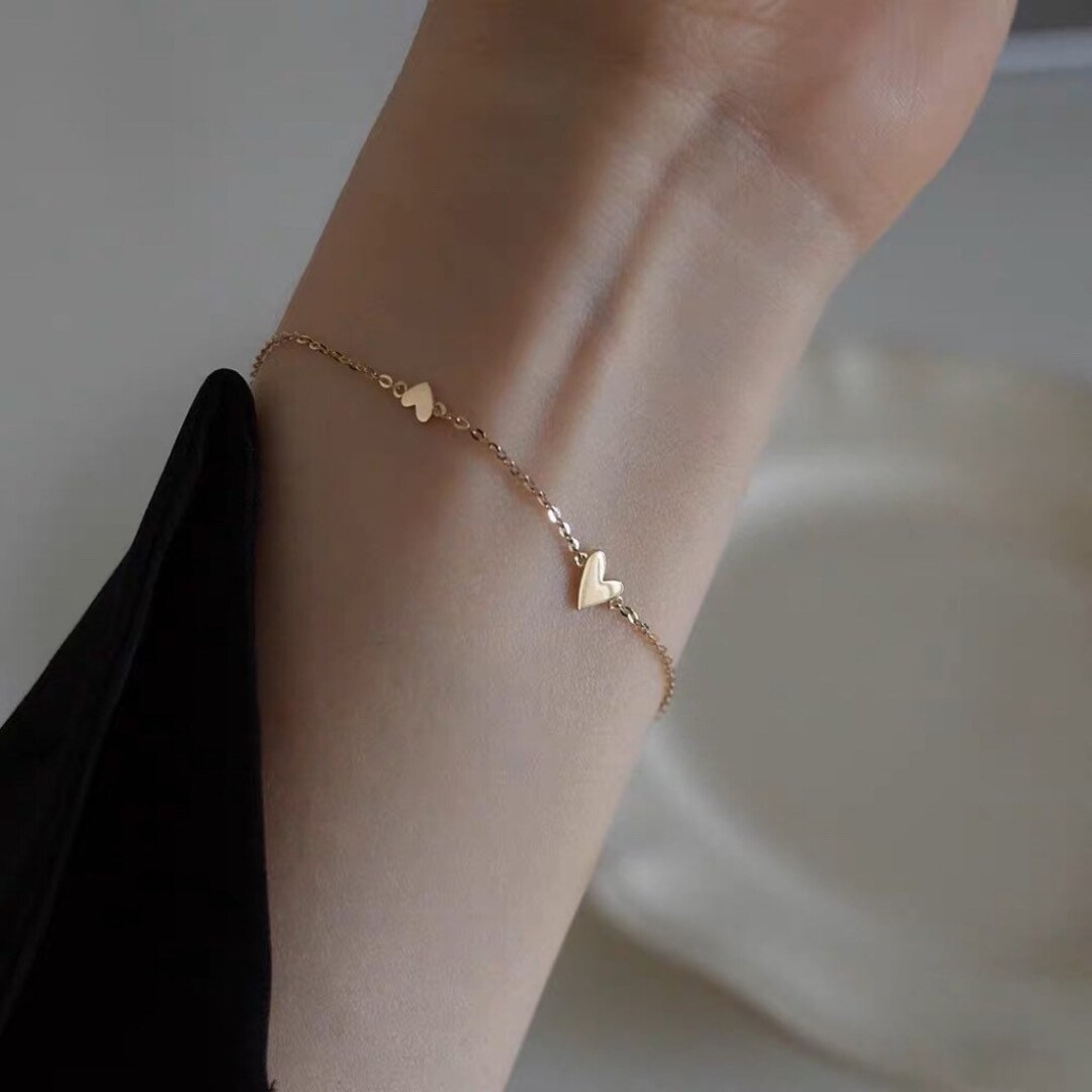 14k Solid Gold Dainty Heart Chain Bracelet - Etsy