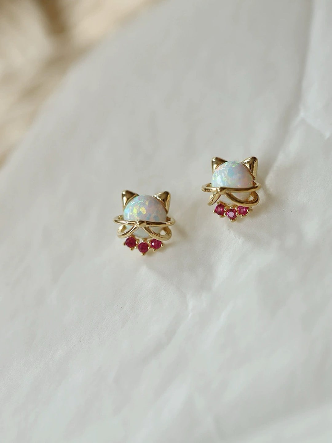 Adorable Cat Earrings: 9k Gold Studs With Ruby-colored Collars Playful ...