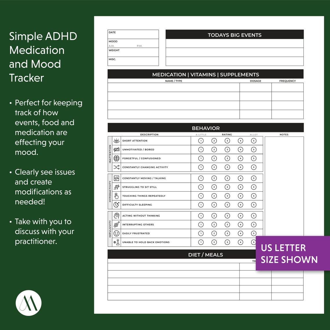 ADHD Medication and Behavior Tracker Plus Journal, Printable Simple ...