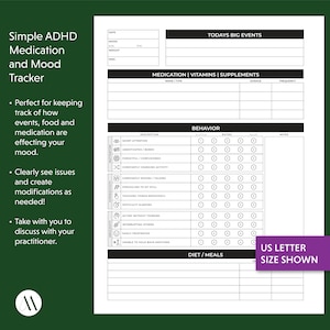 ADHD Medication and Behavior Tracker Plus Journal, Printable Simple ...