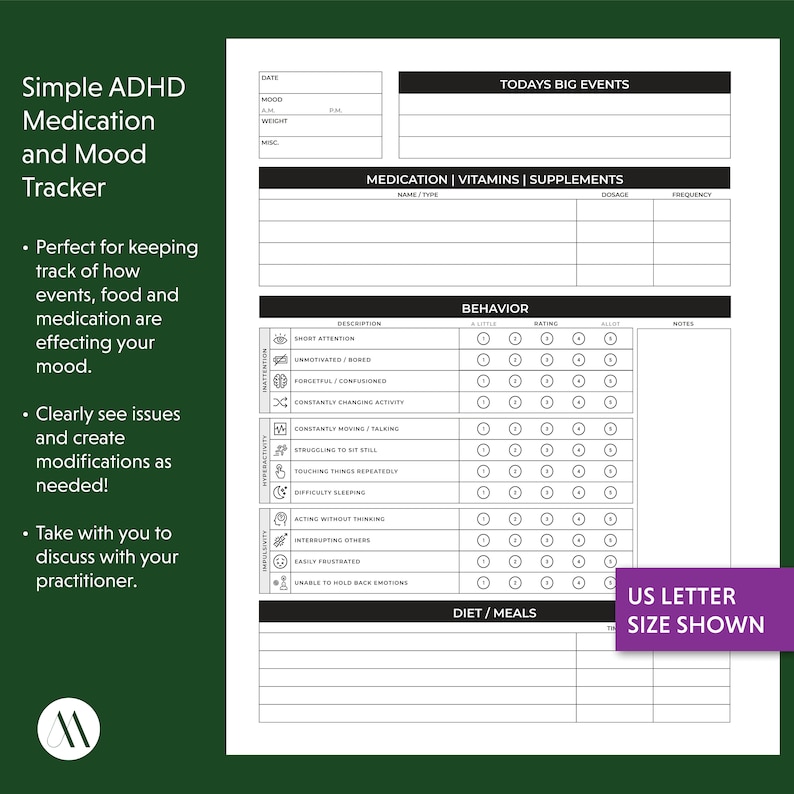 ADHD Medication and Behavior Tracker Plus Journal, Printable Simple ...