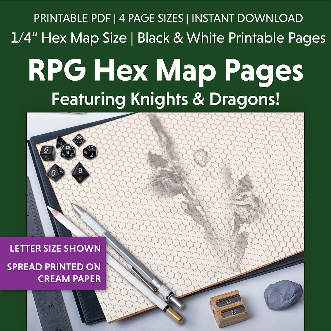 RPG Hex Map Notebook Printable, Dragons and Knights Watercolor Elements ...