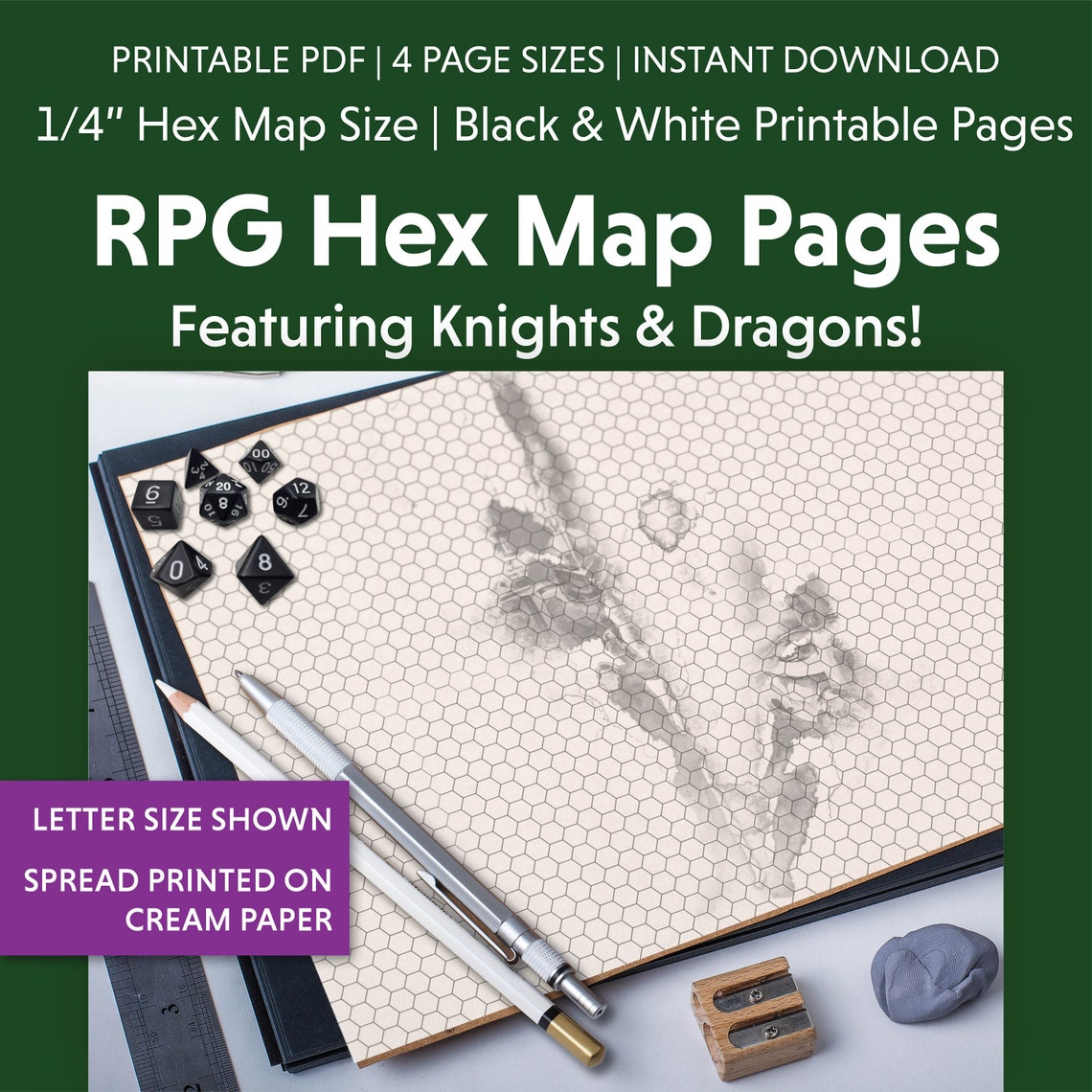 RPG Hex Map Notebook Printable, Dragons and Knights Watercolor Elements ...