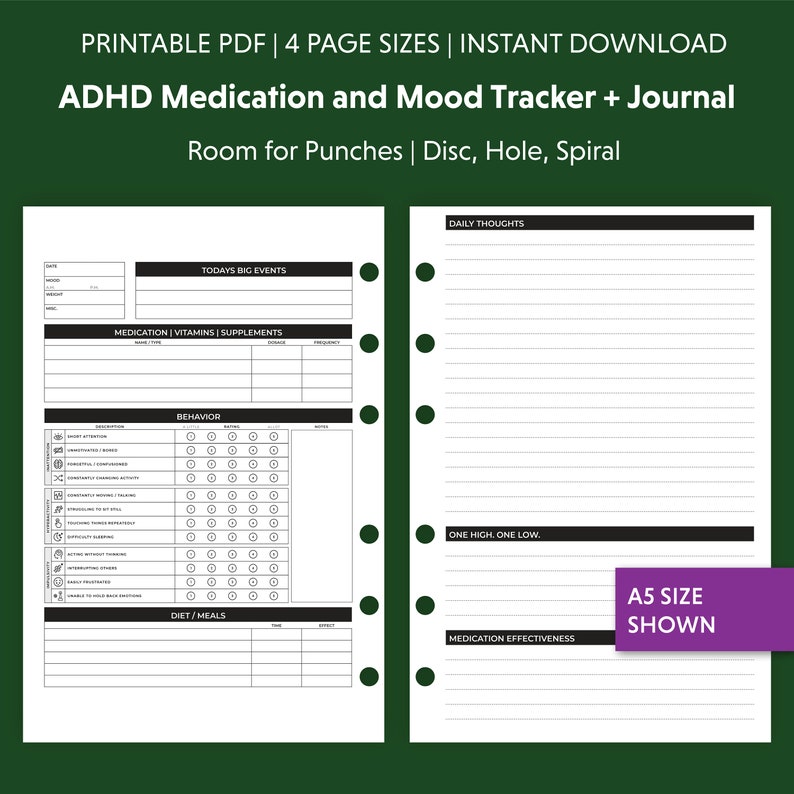 ADHD Medication and Behavior Tracker Plus Journal, Printable Simple ...
